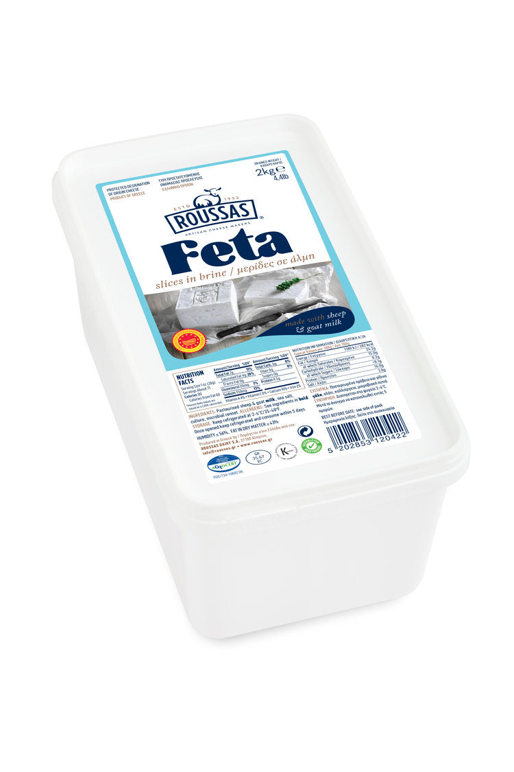 Roussas Barrel-Aged Greek PDO Feta 4.4 lbs Bulk – Alpha Omega Imports