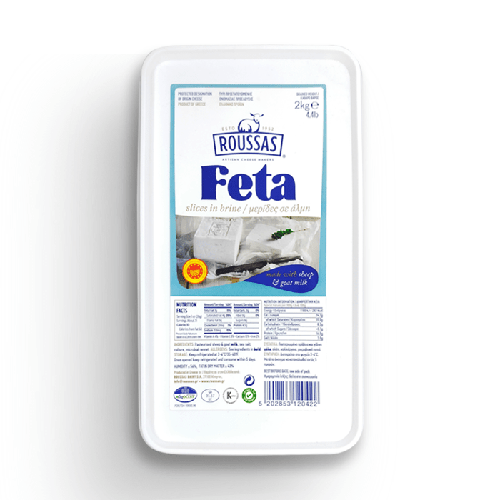 Roussas Barrel-Aged Greek PDO Feta 4.4 lbs Bulk – Alpha Omega Imports